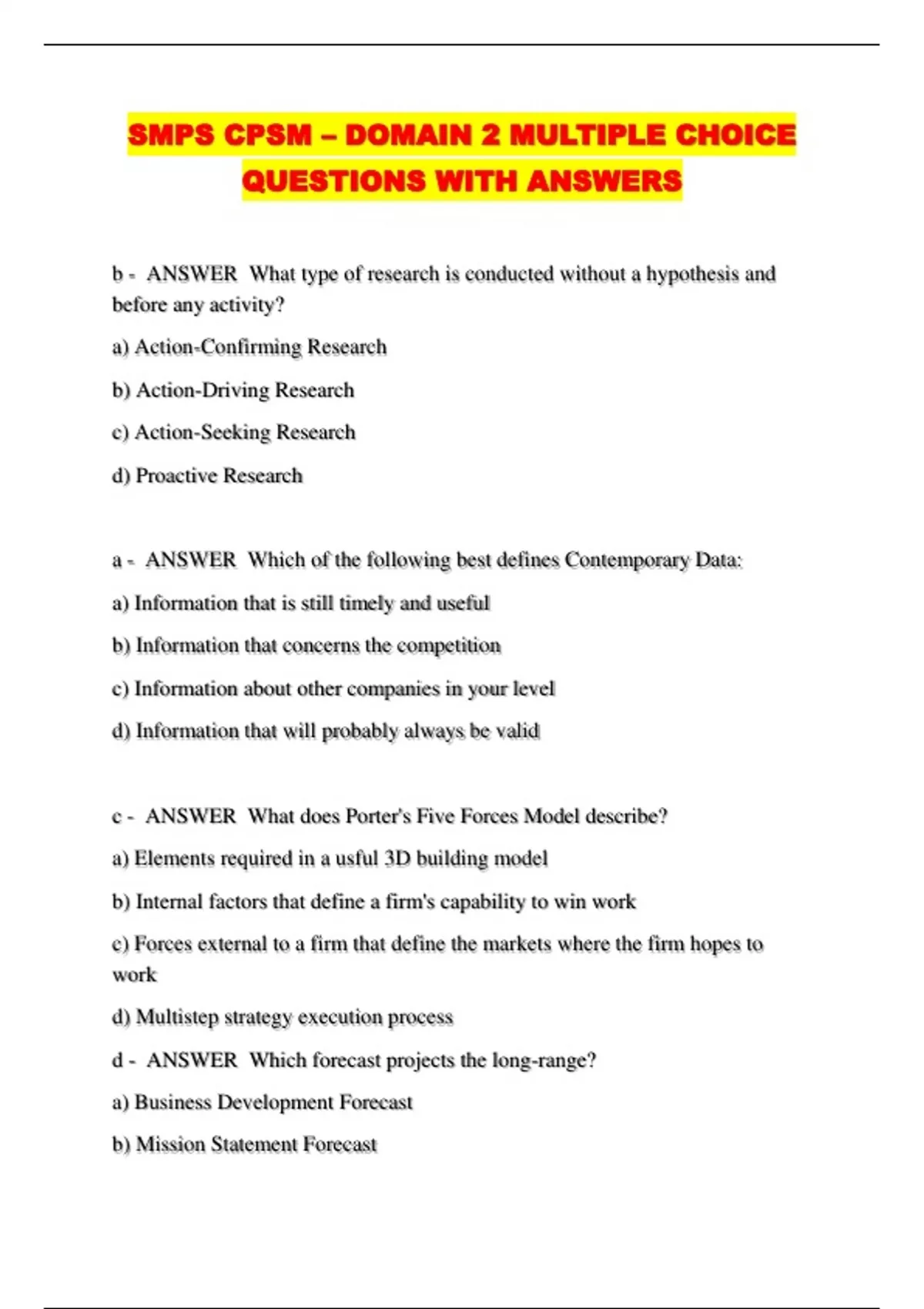 SMPS CPSM – DOMAIN 2 MULTIPLE CHOICE QUESTIONS WITH ANSWERS - SMPS CPSM – DOMAIN 2 - Stuvia US
