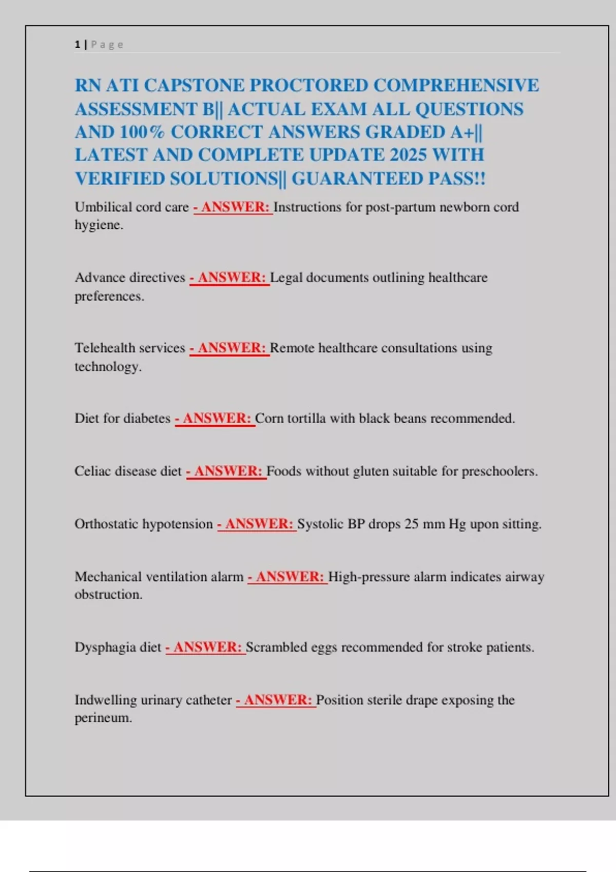 RN ATI CAPSTONE PROCTORED COMPREHENSIVE ASSESSMENT B|| ACTUAL EXAM ALL ...