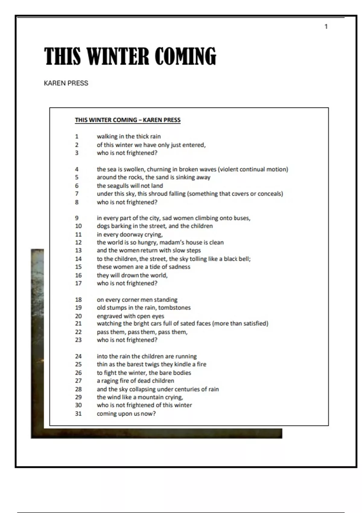 THIS WINTER COMING by Karen Press, and analysed by @ Juffrou AnsieA -12 ...