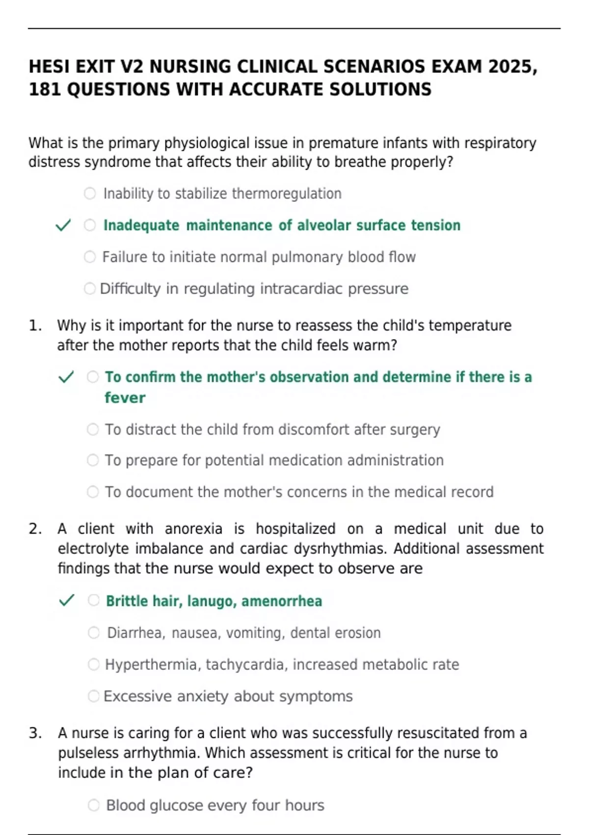 HESI EXIT V2 NURSING CLINICAL SCENARIOS EXAM 2025, 181 QUESTIONS WITH ...
