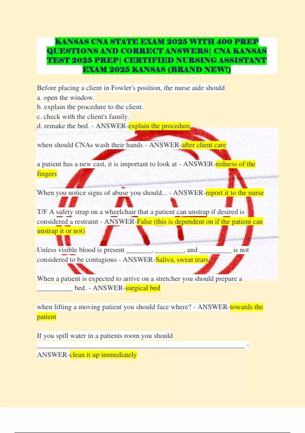 KANSAS CNA STATE EXAM 2025 WITH 400 PREP QUESTIONS AND CORRECT ANSWERS ...