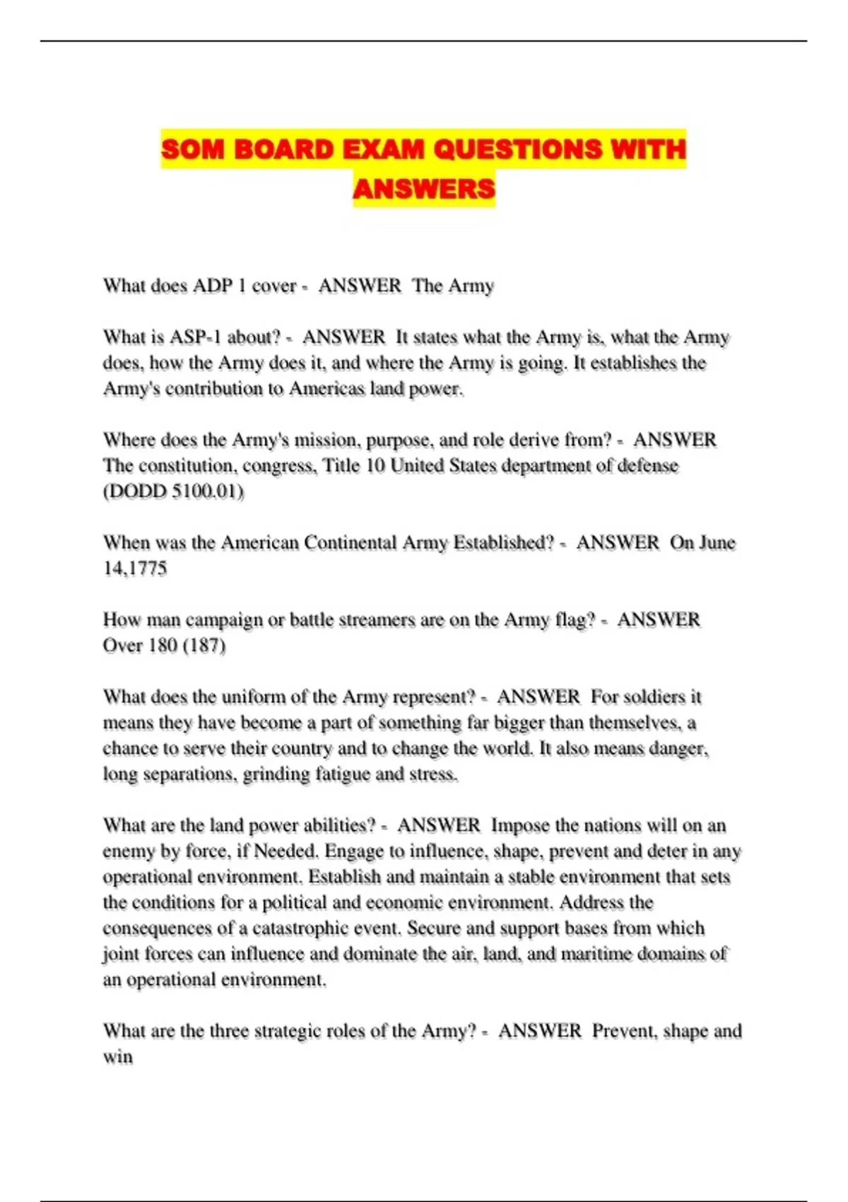 SOM BOARD EXAM QUESTIONS WITH ANSWERS - SOM - Stuvia US