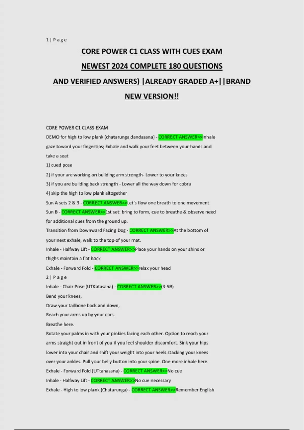 CORE POWER C1 CLASS WITH CUES EXAM NEWEST 2024 COMPLETE 180 QUESTIONS ...