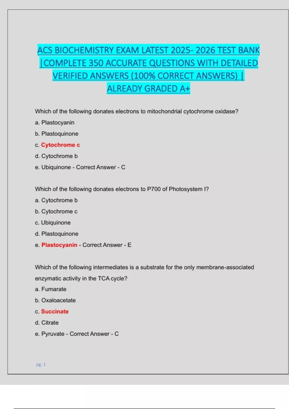 ACS BIOCHEMISTRY EXAM LATEST TEST BANK |COMPLETE 350 ACCURATE QUESTIONS ...