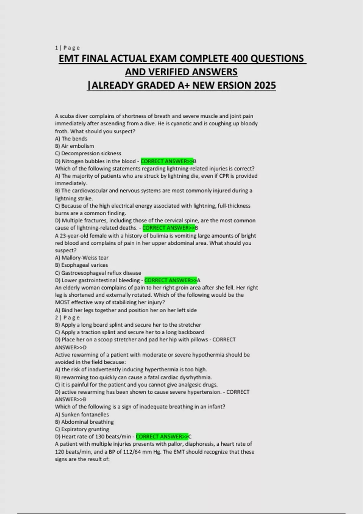 EMT FINAL ACTUAL EXAM COMPLETE 400 QUESTIONS AND VERIFIED ANSWERS ...