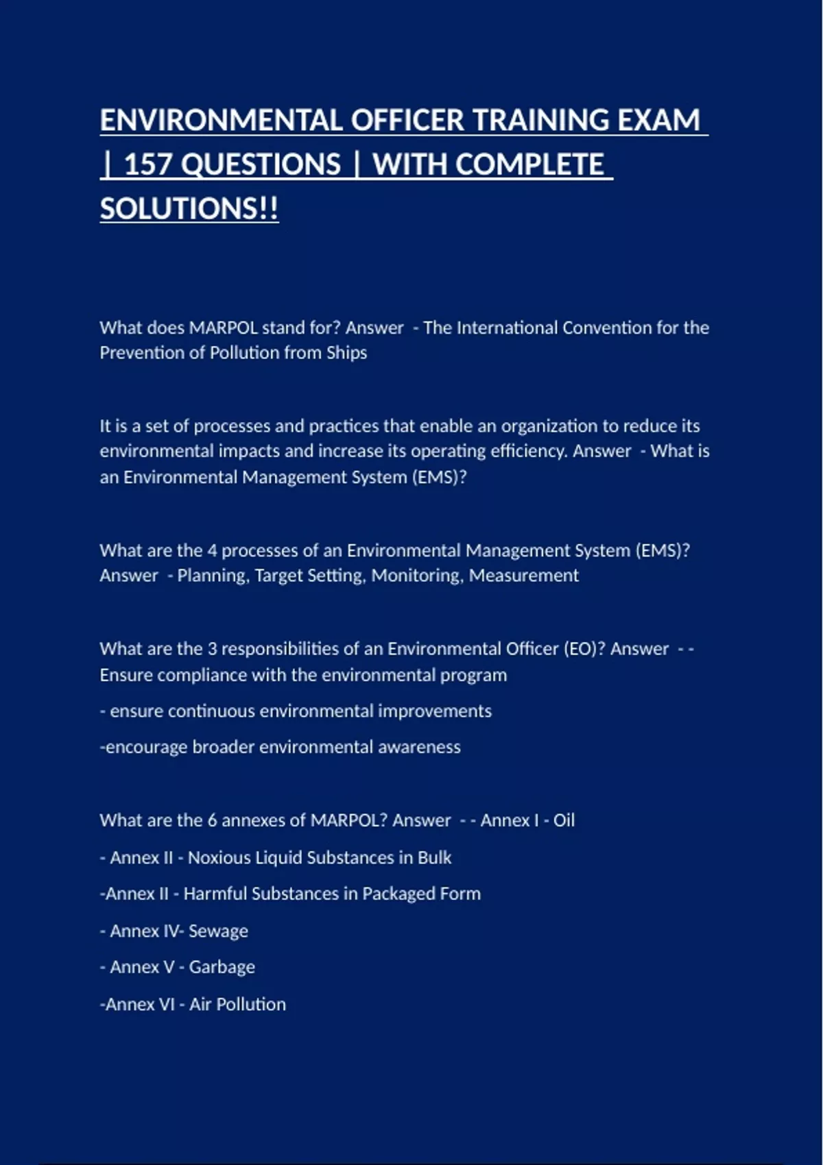 ENVIRONMENTAL OFFICER TRAINING EXAM | 157 QUESTIONS | WITH COMPLETE ...