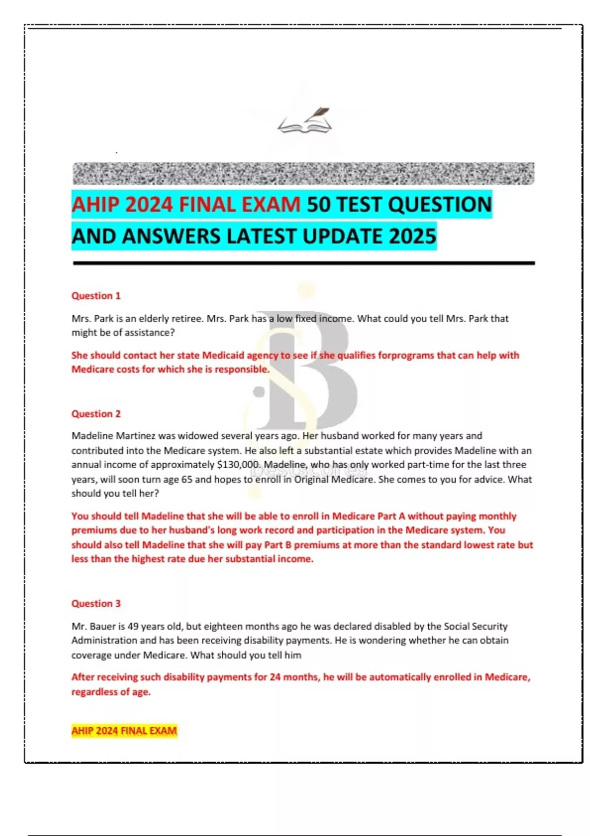 AHIP 2024 FINAL EXAM 50 TEST QUESTION AND ANSWERS LATEST UPDATE 2025 ...