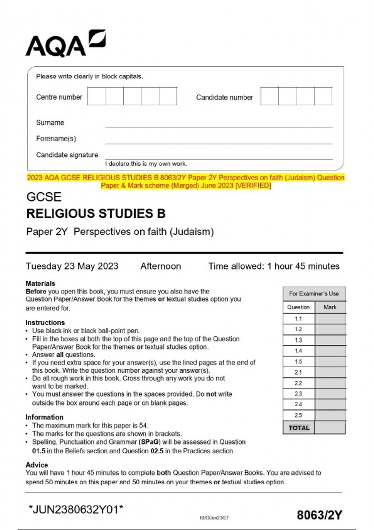 AQA GCSE RELIGIOUS STUDIES B 8063/2Y Paper 2Y Perspectives on faith ...