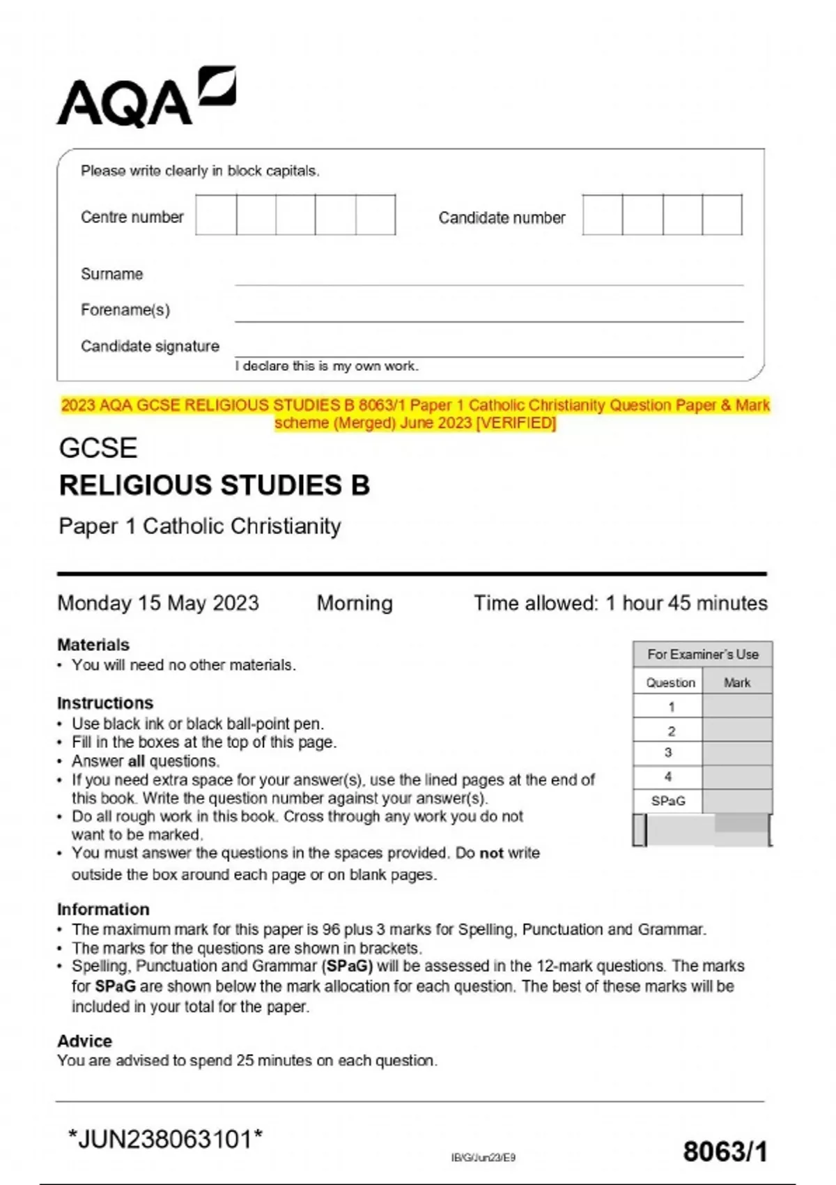 3 AQA GCSE RELIGIOUS STUDIES B 8063/1 Paper 1 Catholic Christianity Question Paper & Mark scheme ...