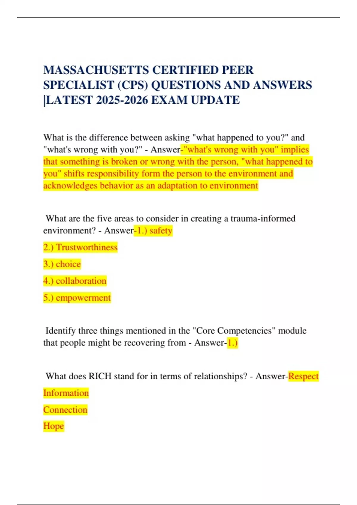 MASSACHUSETTS CERTIFIED PEER SPECIALIST (CPS) QUESTIONS AND ANSWERS ...