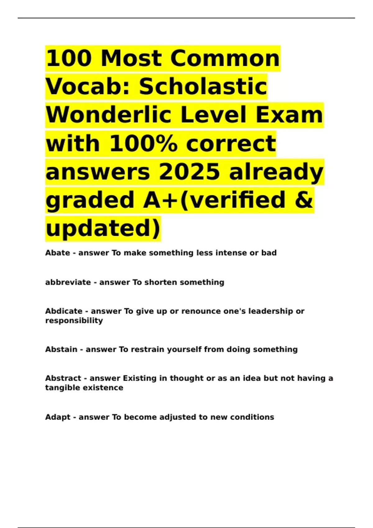100 Most Common Vocab Scholastic Wonderlic Level Exam with 100- correct ...