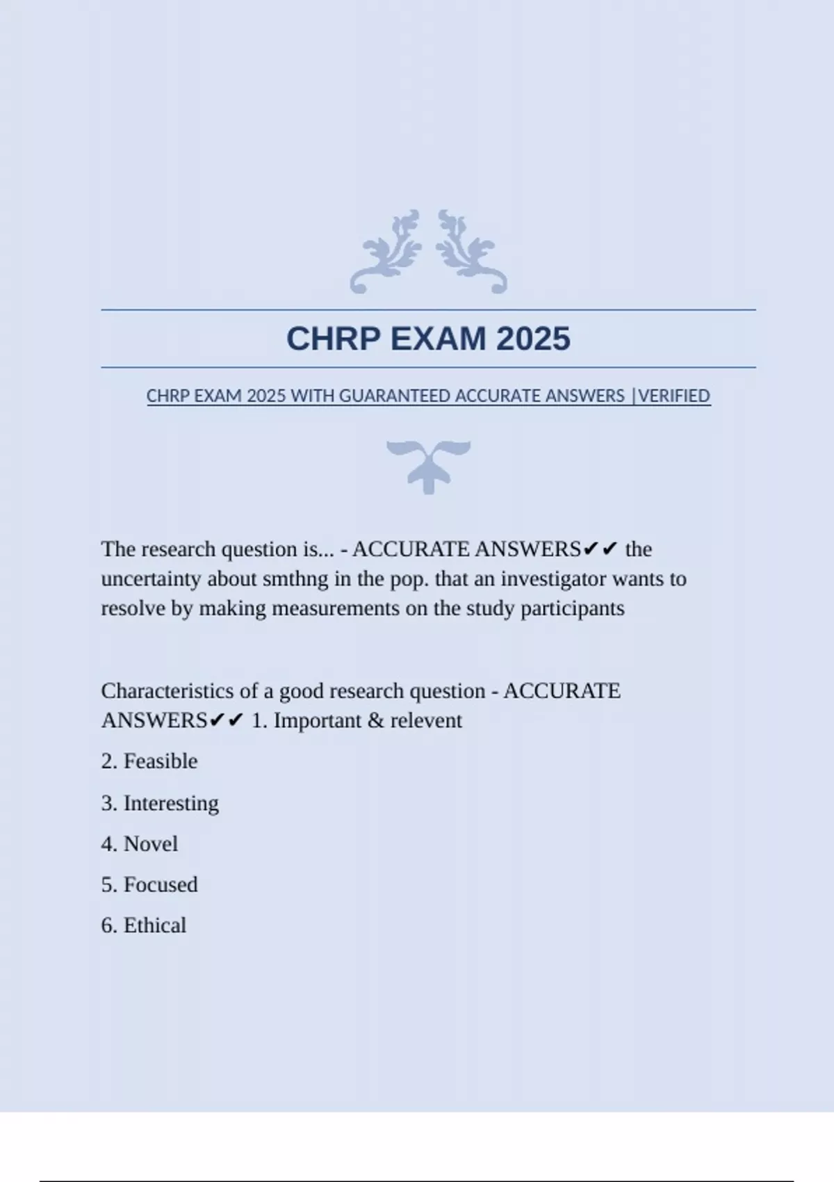 CHRP EXAM 2025 WITH GUARANTEED ACCURATE ANSWERS |VERIFIED - Chrp ...