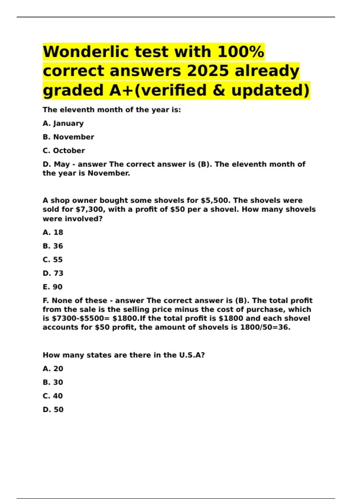 Wonderlic test with 100- correct answers 2025 already graded A+ ...
