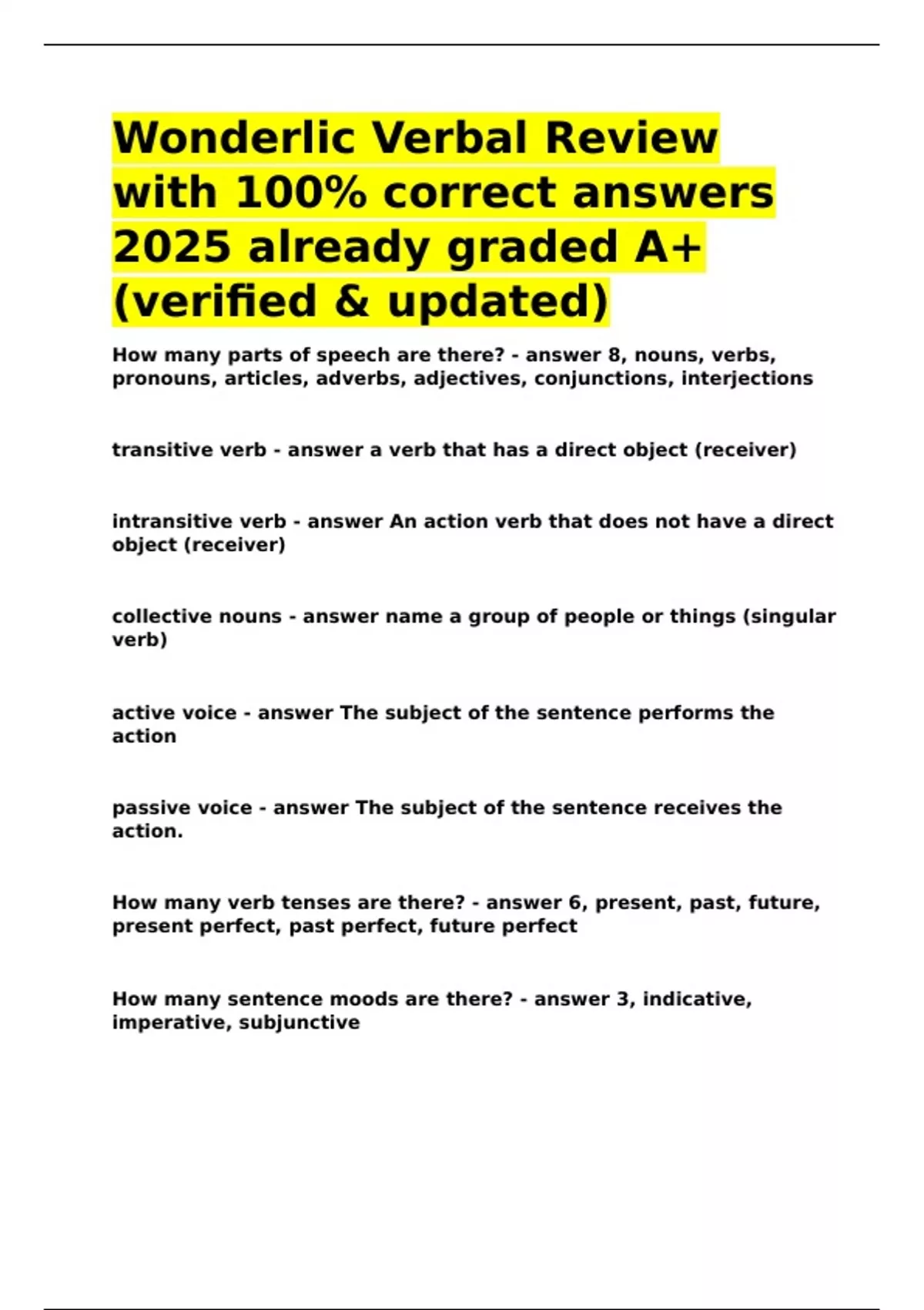 Wonderlic Verbal Review with 100- correct answers 2025 already graded ...