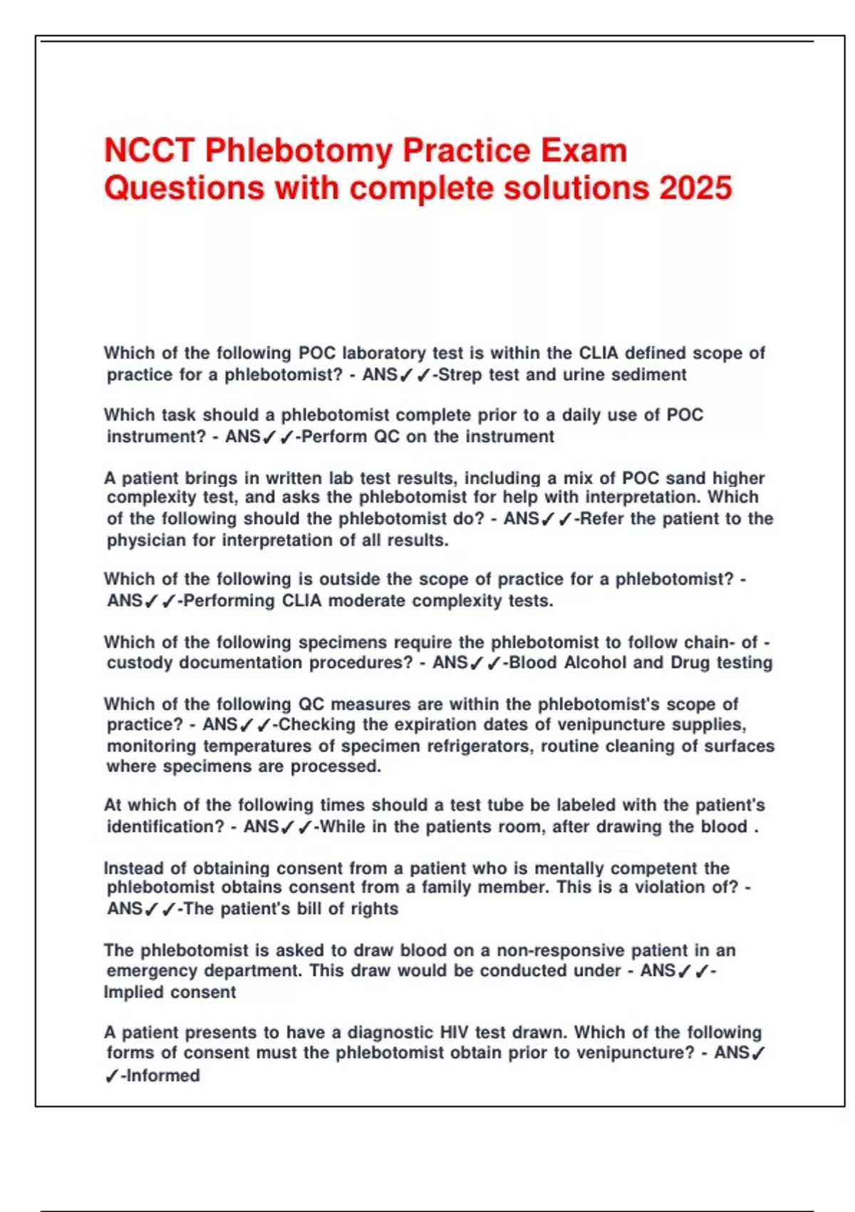 NCCT Phlebotomy Practice Exam Questions with complete solutions 2025 ...