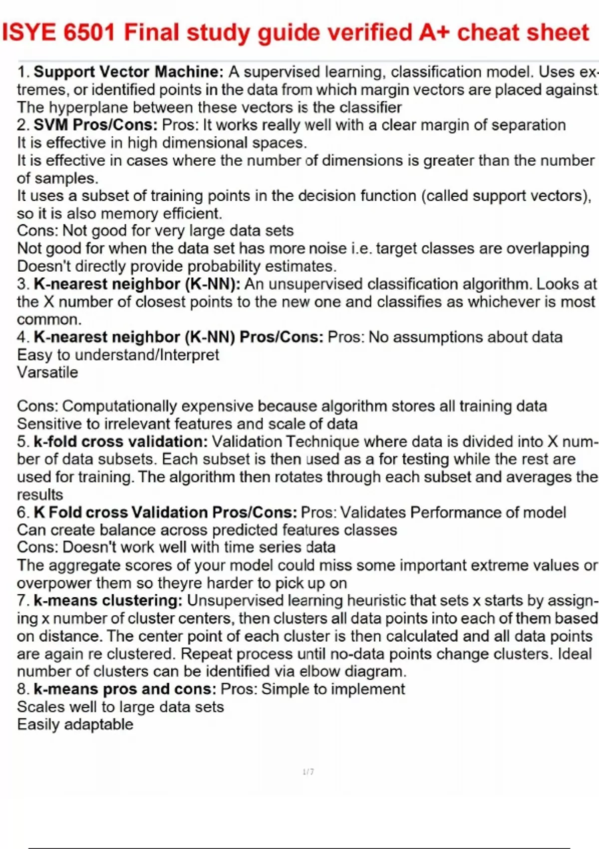 ISYE 6501 Final study guide verified A+ cheat sheet - ISYE 6501 - Stuvia US