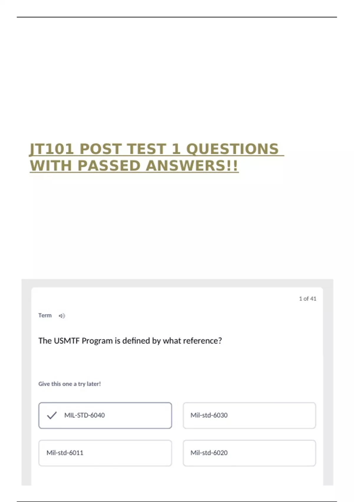 JT101 POST TEST 1 QUESTIONS WITH PASSED ANSWERS!! - JT101 - Stuvia US