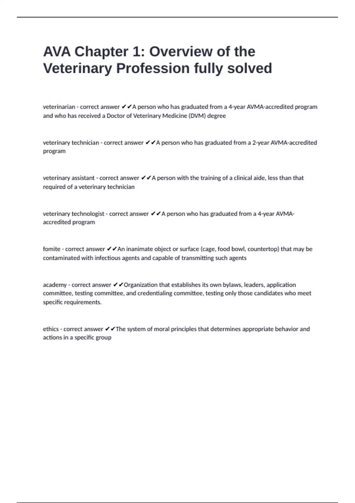 AVA Chapter 1: Overview of the Veterinary Profession fully solved - AVA ...