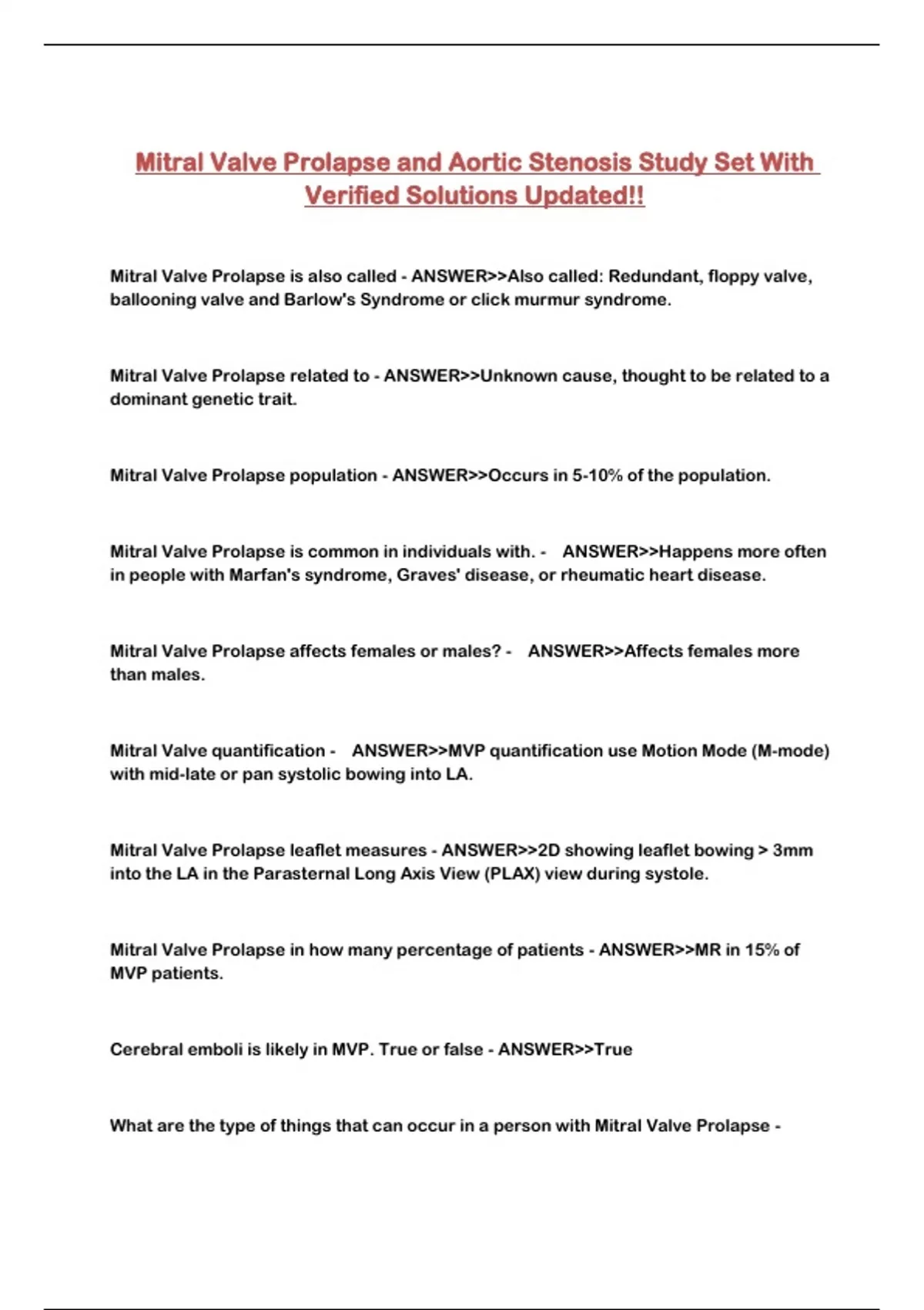 Mitral Valve Prolapse and Aortic Stenosis Study Set With Verified Solutions Updated!! - Mitral ...