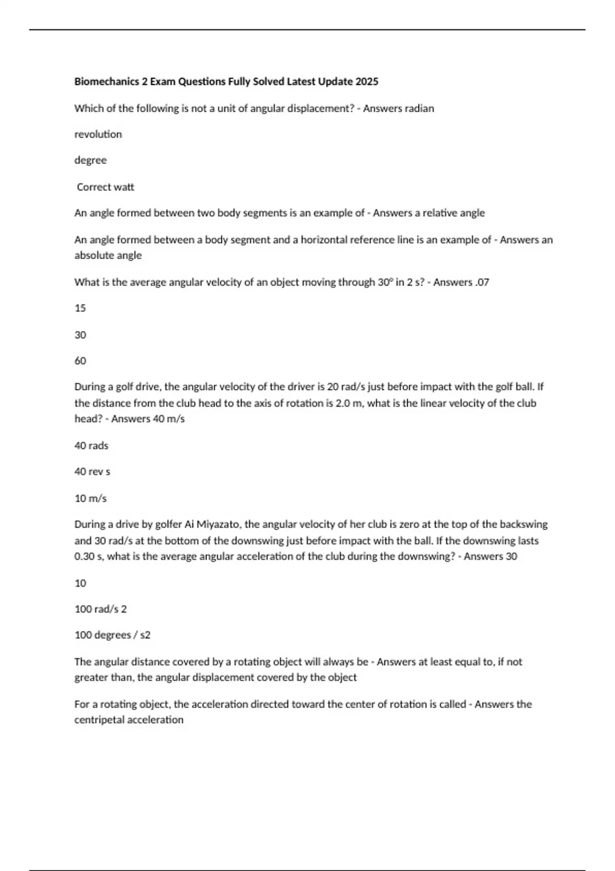 Biomechanics 2 Exam Questions Fully Solved Latest Update 2025 ...