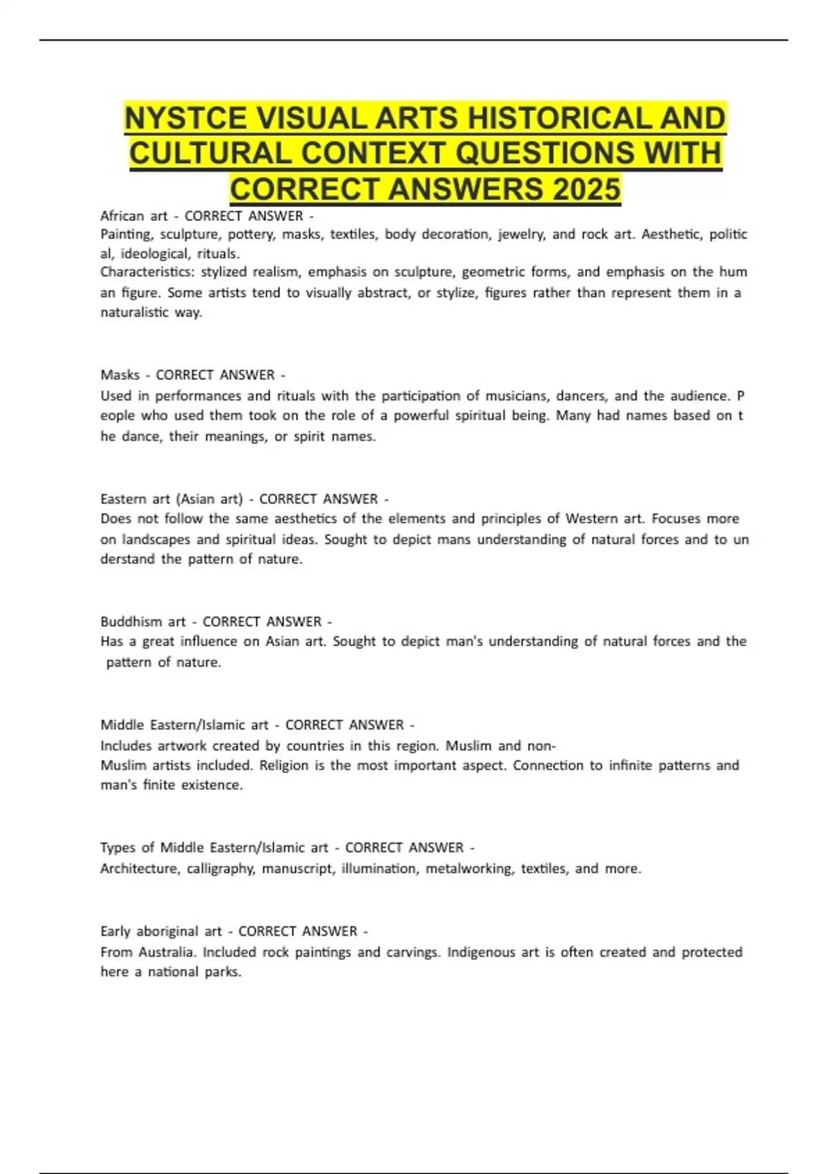 NYSTCE VISUAL ARTS HISTORICAL AND CULTURAL CONTEXT QUESTIONS WITH ...