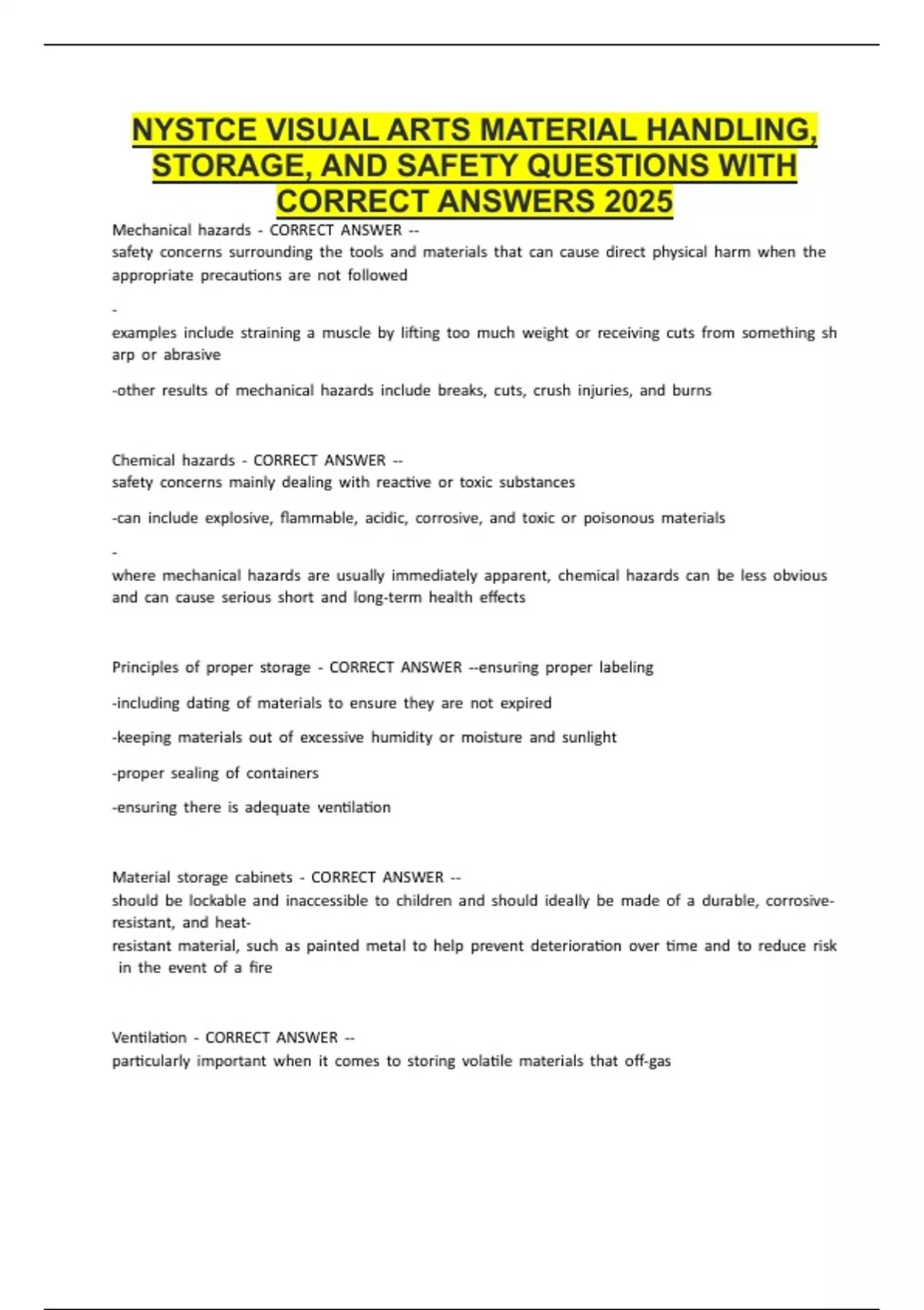 NYSTCE VISUAL ARTS MATERIAL HANDLING, STORAGE, AND SAFETY QUESTIONS ...