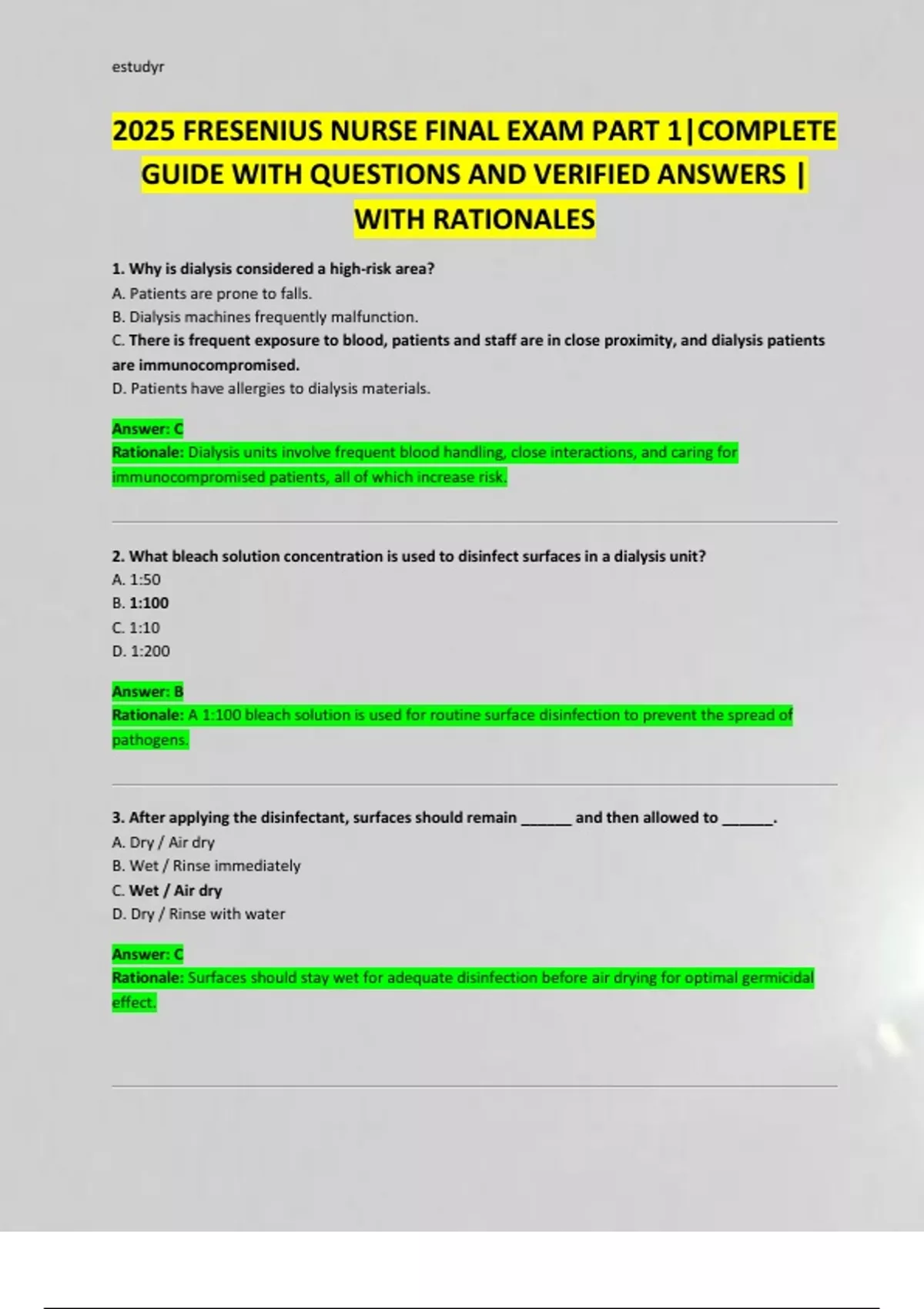 2025 FRESENIUS NURSE FINAL EXAM PART 1|COMPLETE GUIDE WITH QUESTIONS AND VERIFIED ANSWERS | WITH ...