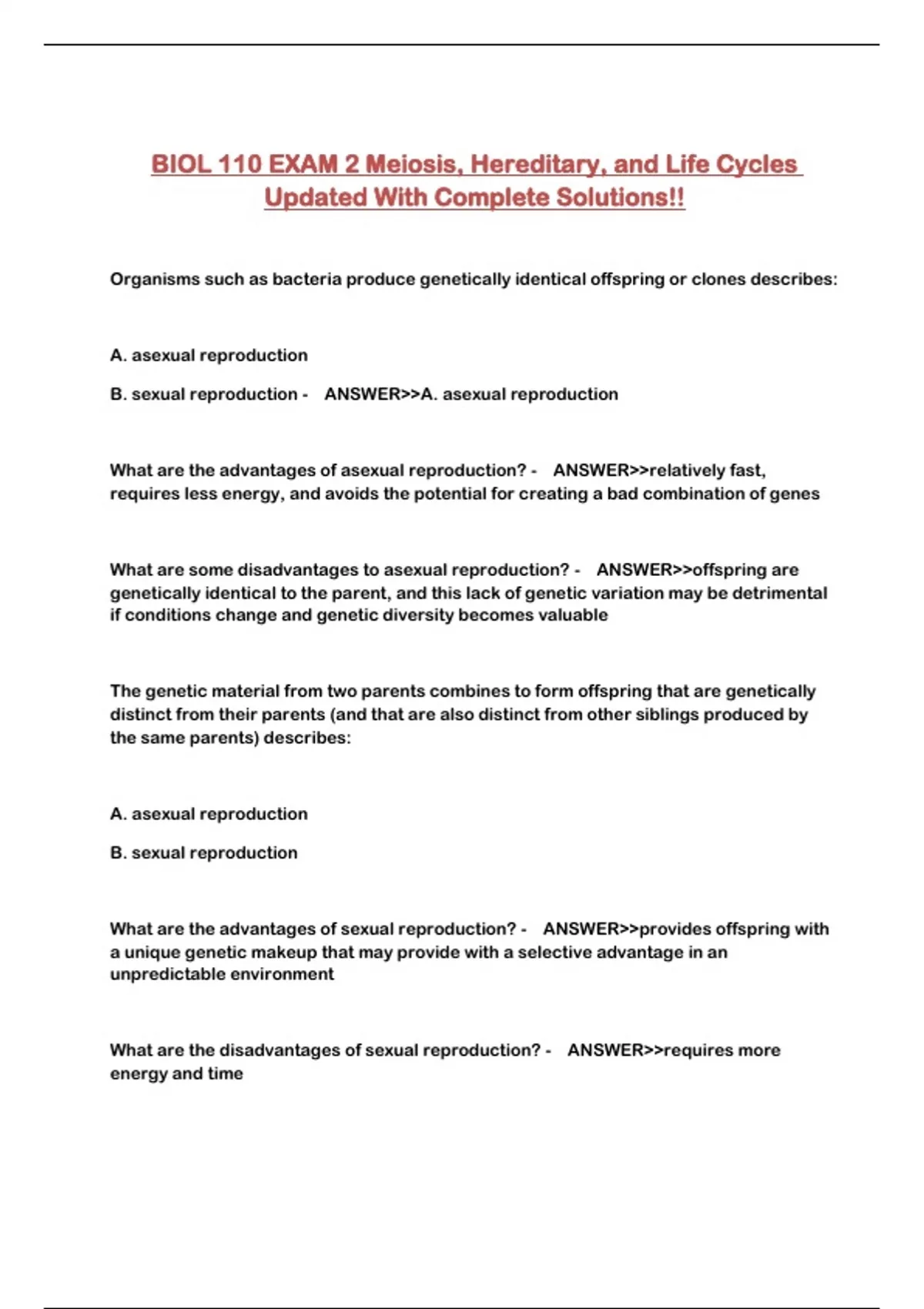BIOL 110 EXAM 2 Meiosis, Hereditary, and Life Cycles Updated With ...