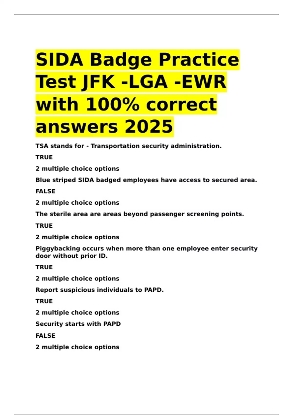 SIDA Badge Practice Test JFK -LGA -EWR with 100- correct answers 2025 ...