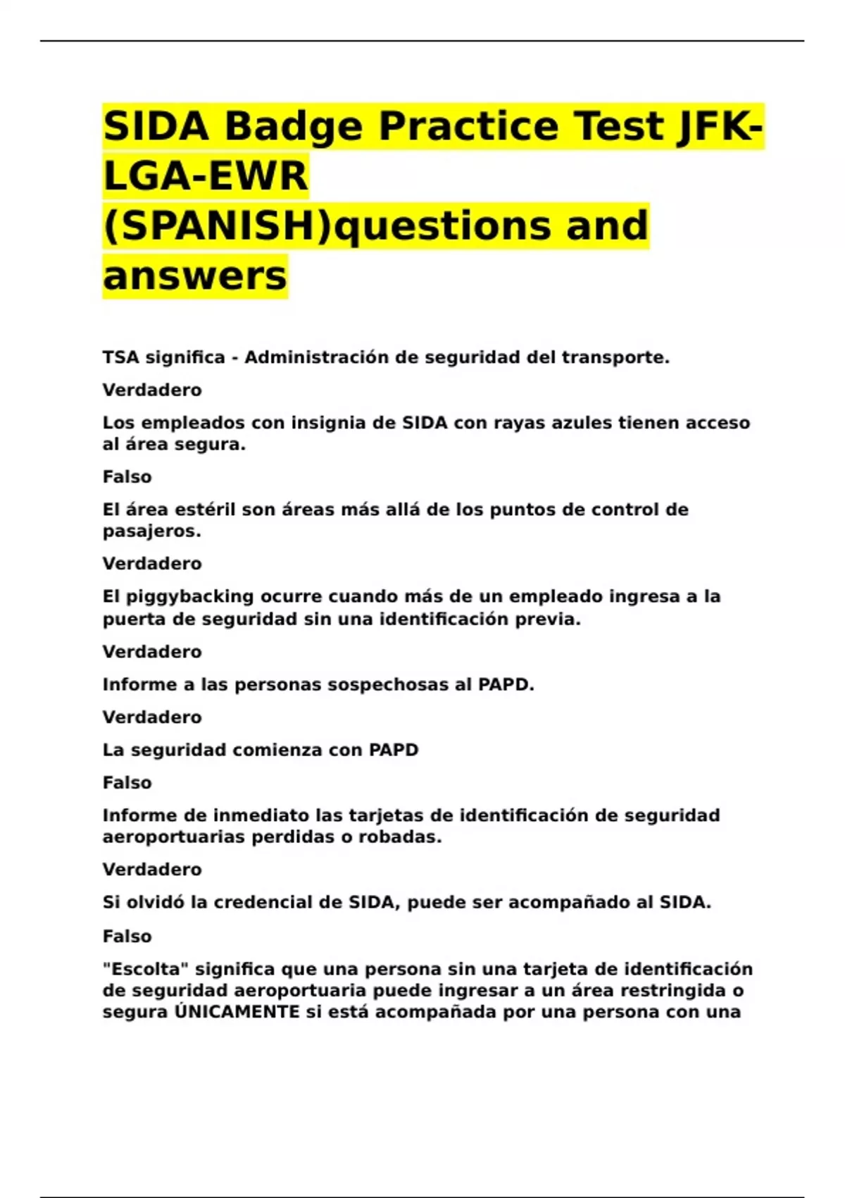 SIDA Badge Practice Test JFK-LGA-EWR (SPANISH)questions and answers ...
