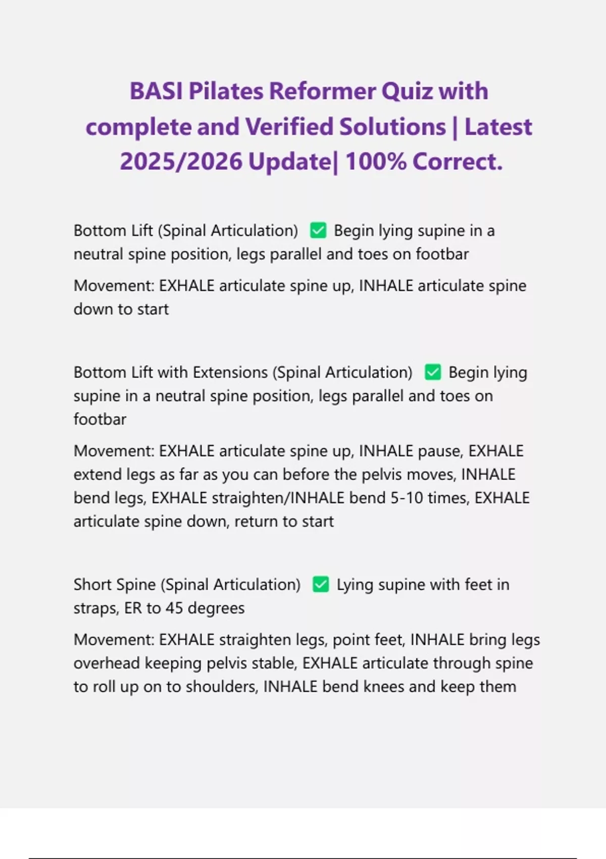 BASI Pilates Reformer Quiz with complete and Verified Solutions ...