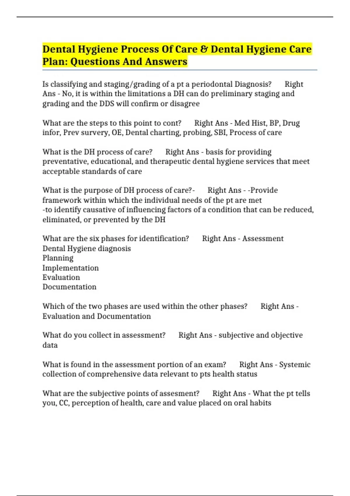 Dental Hygiene Process Of Care & Dental Hygiene Care Plan: Questions ...