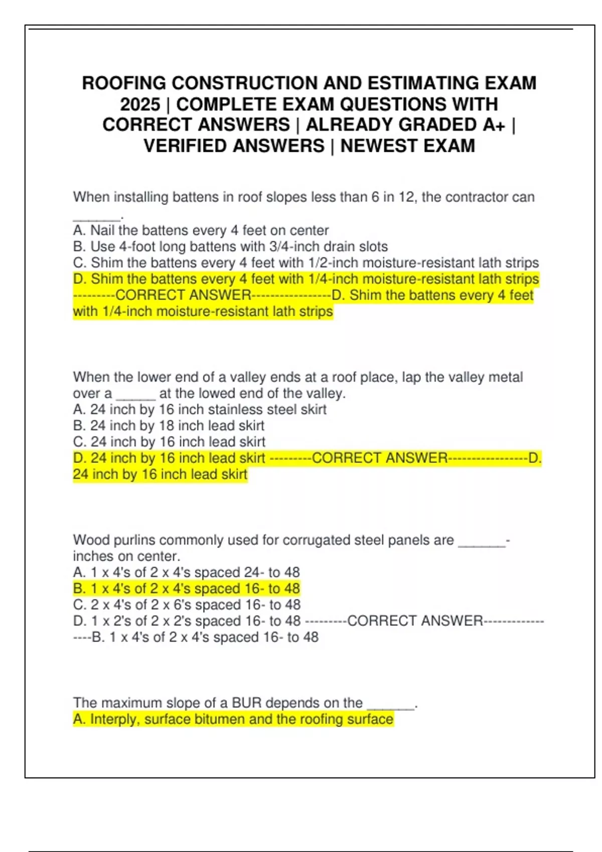 ROOFING CONSTRUCTION AND ESTIMATING EXAM 2025 | COMPLETE EXAM QUESTIONS WITH CORRECT ANSWERS ...
