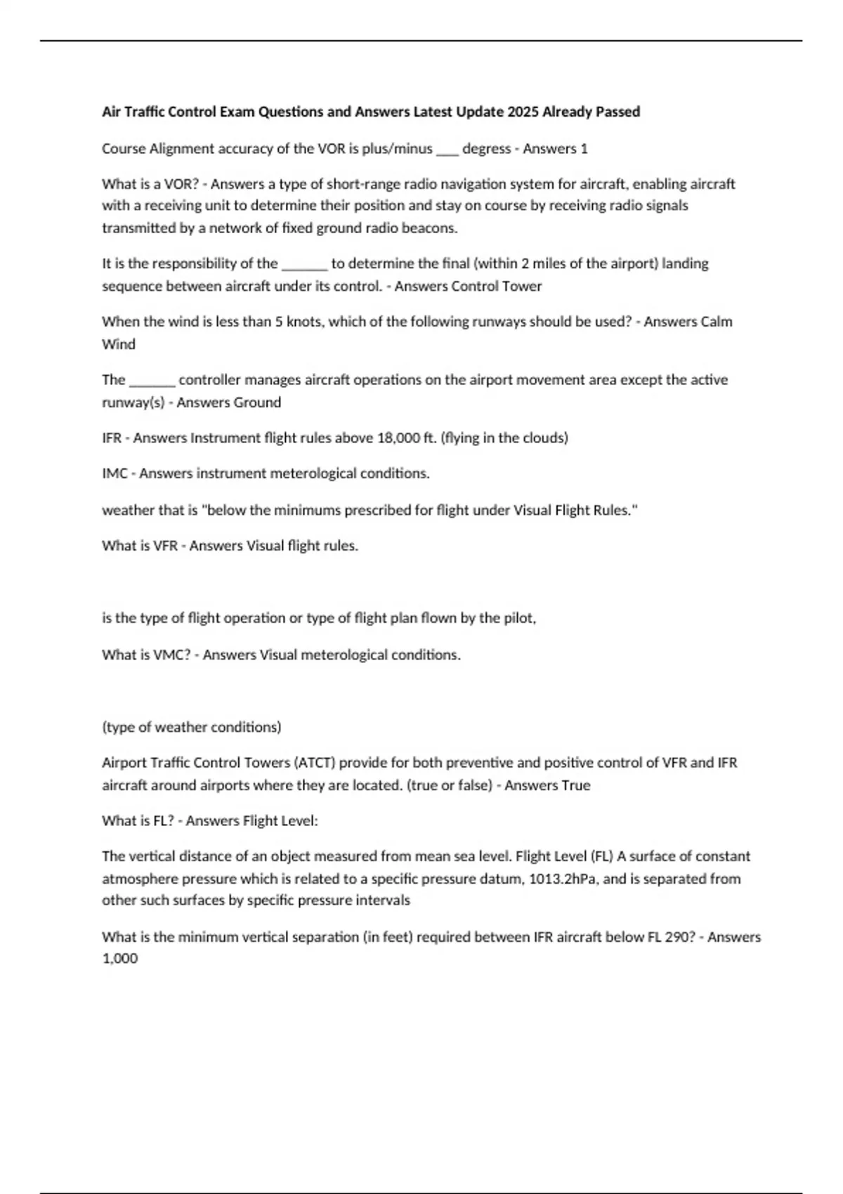 Air Traffic Control Exam Questions and Answers Latest Update 2025 ...