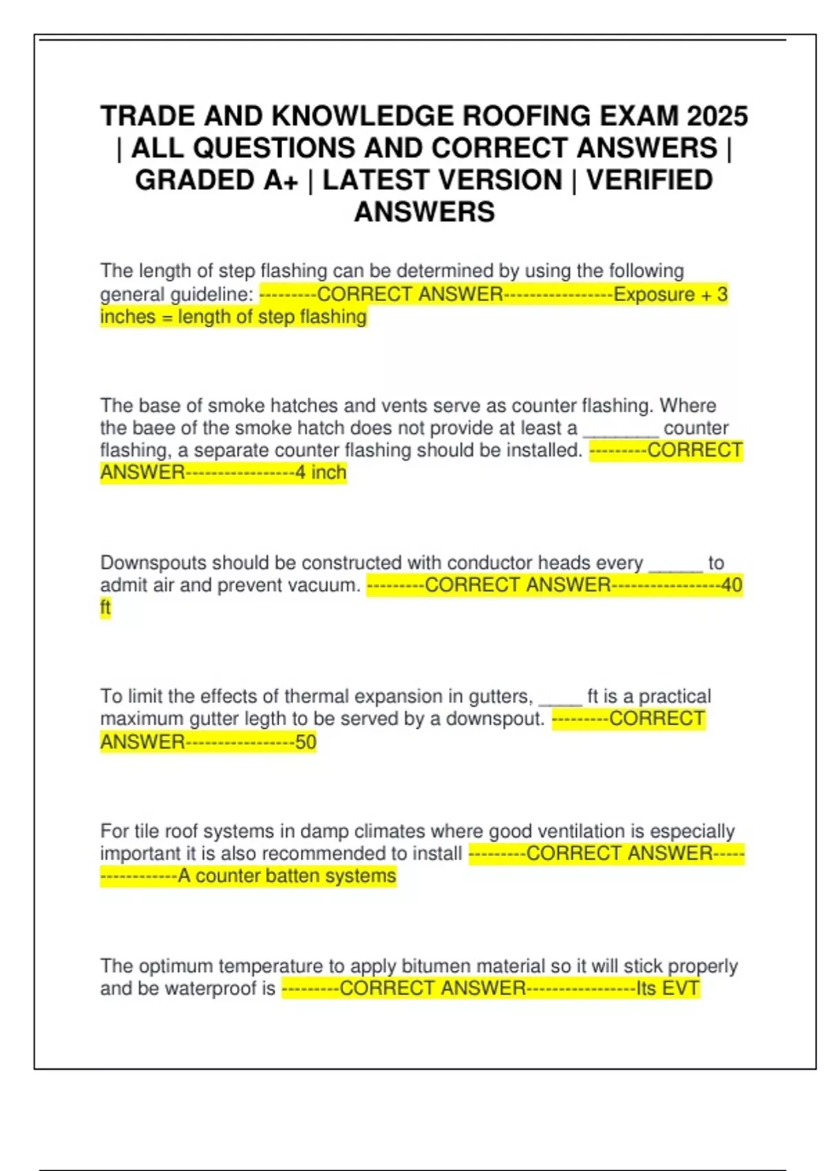 TRADE AND KNOWLEDGE ROOFING EXAM 2025 | ALL QUESTIONS AND CORRECT ...