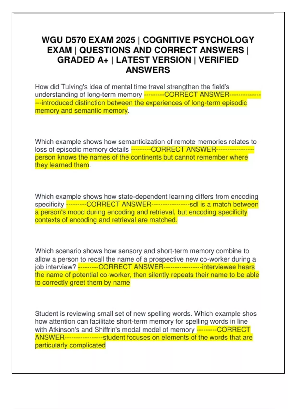 WGU D570 EXAM 2025 | COGNITIVE PSYCHOLOGY EXAM | QUESTIONS AND CORRECT ...