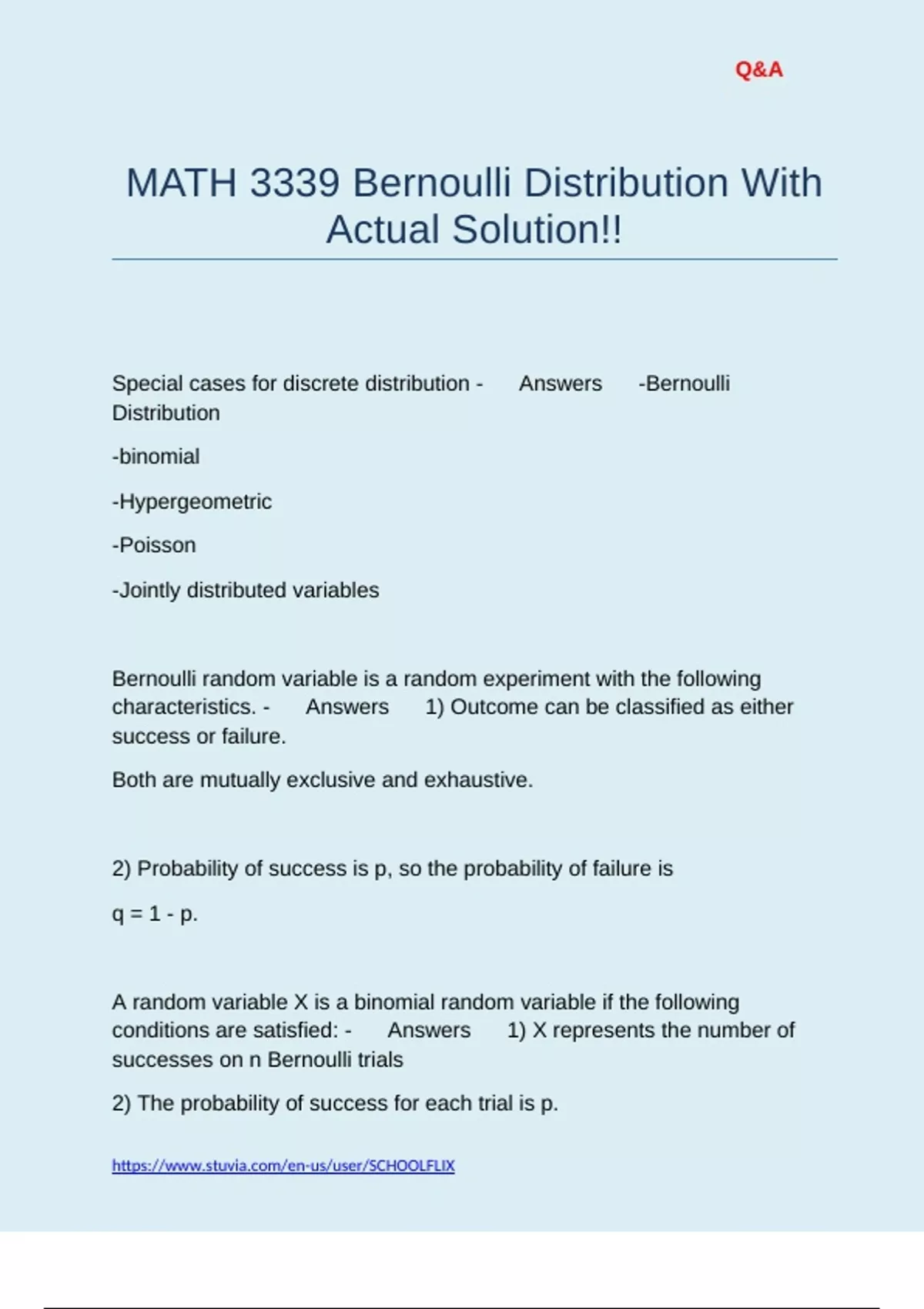MATH 3339 Bernoulli Distribution With Actual Solution!! - Math 3339 ...