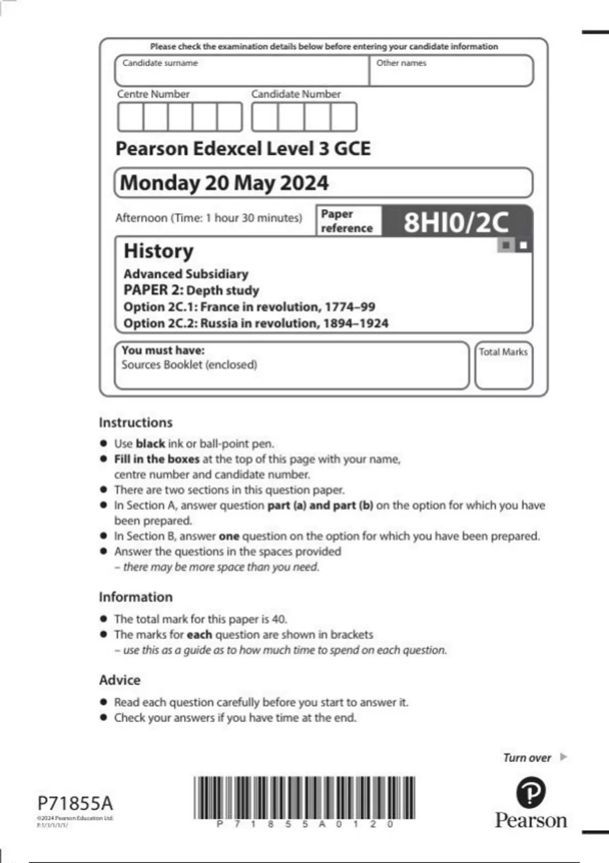Pearson Edexcel Level 3 GCE History Advanced Subsidiary 8hi0-2c PAPER 2 ...