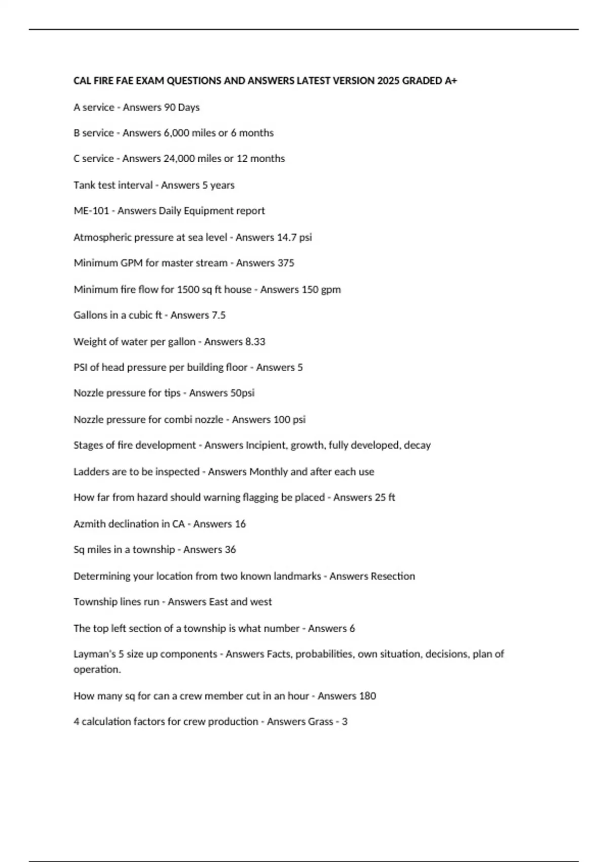 CAL FIRE FAE EXAM QUESTIONS AND ANSWERS LATEST VERSION 2025 GRADED A+ ...