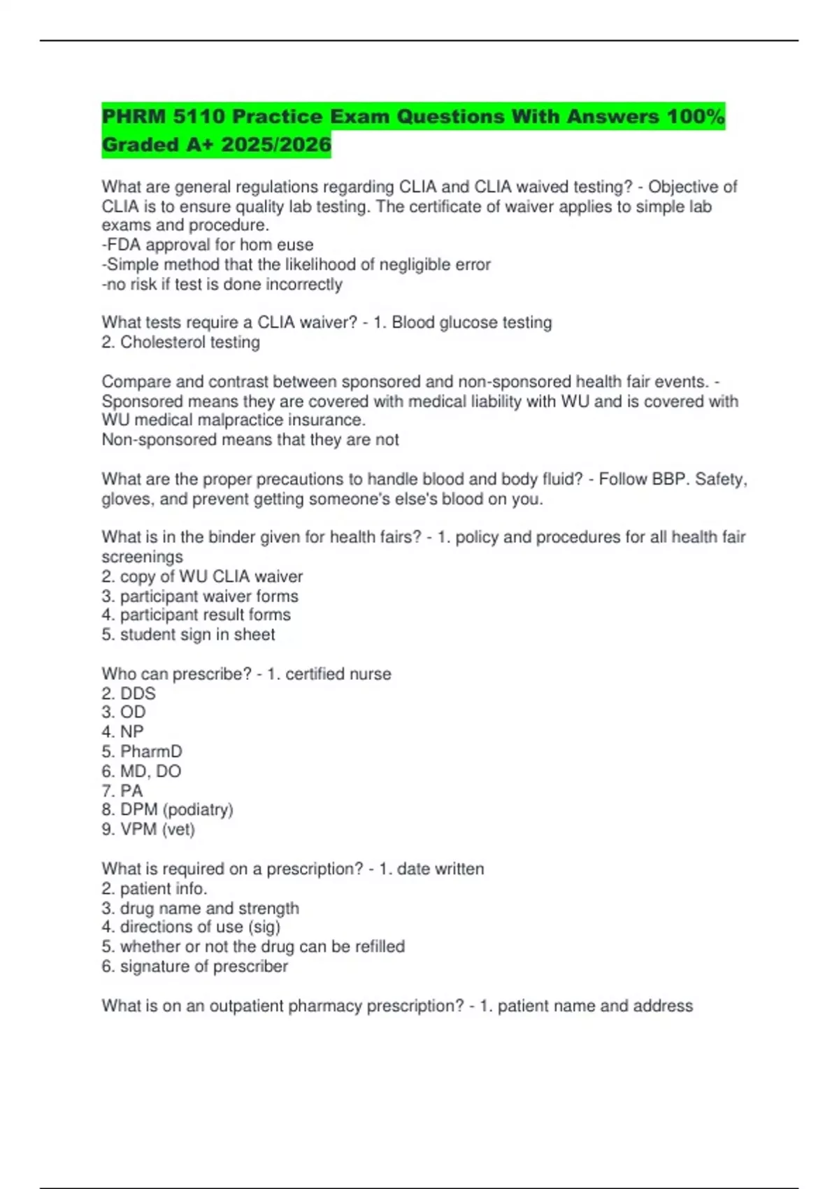 PHRM 5110 Practice Exam Questions With Answers 100% Graded A+ 2025/2026 ...