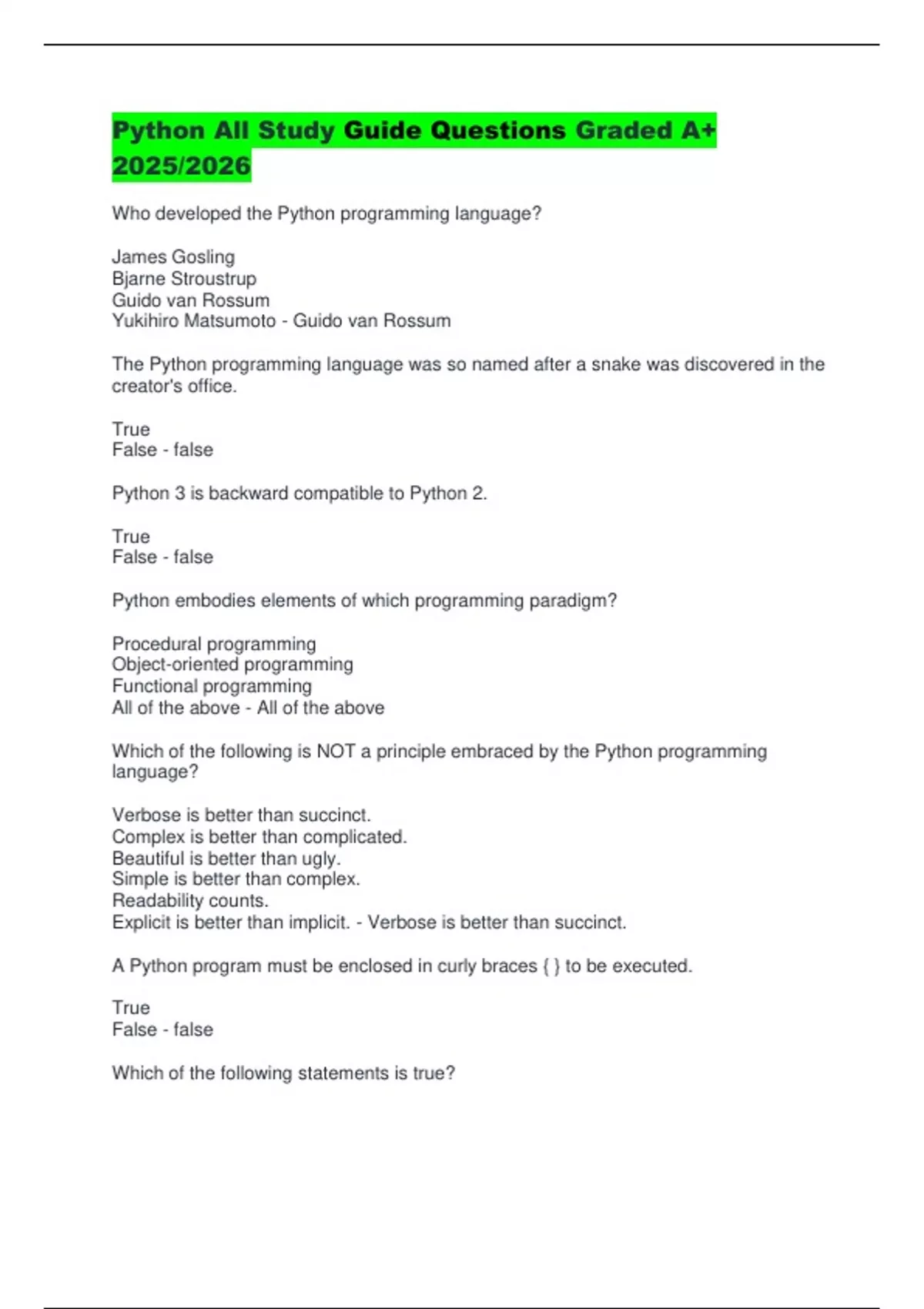 Python All Study Guide Questions Graded A+ 2025/2026 - PYTHON Python Coding PY4E - Stuvia US