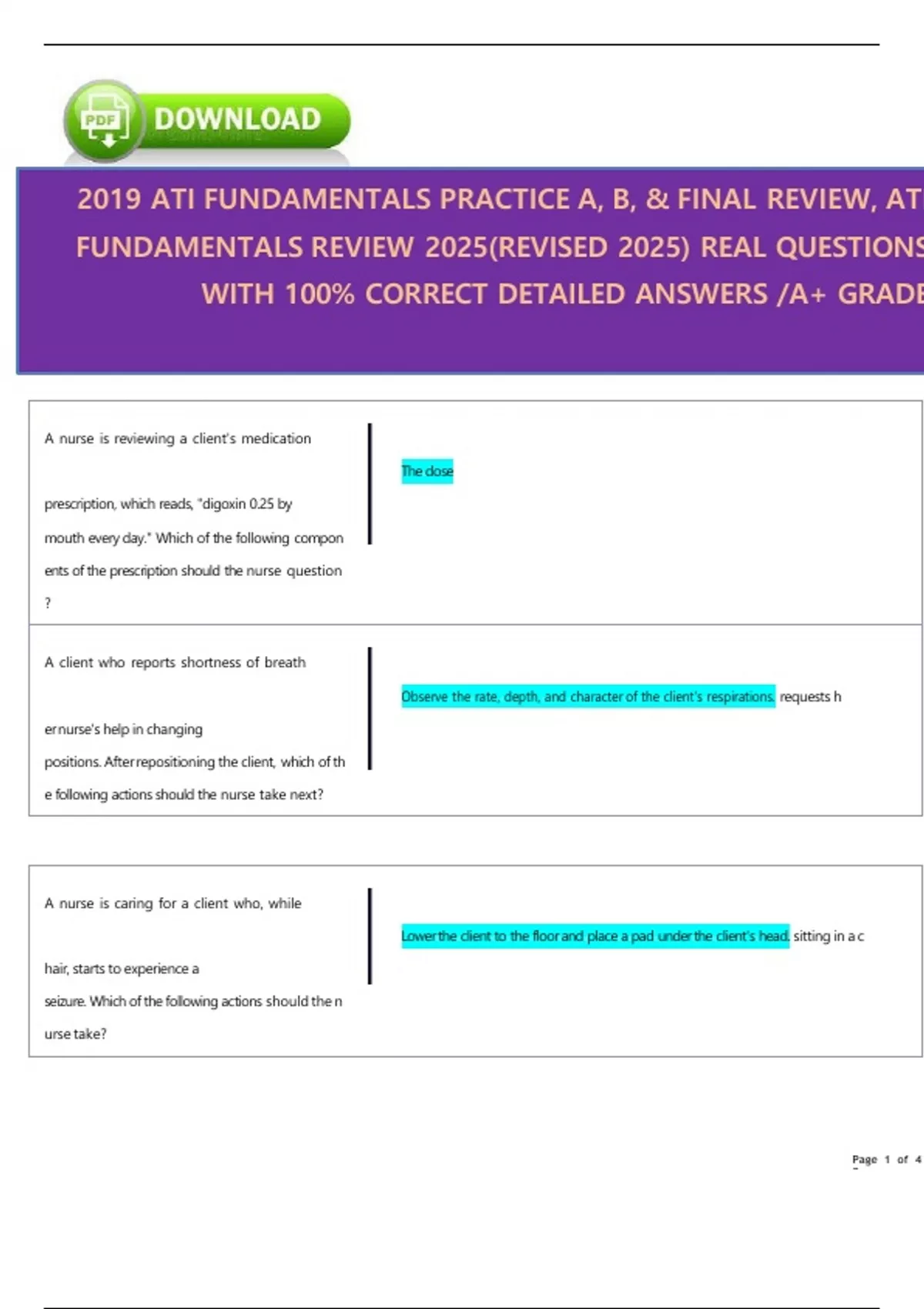 2019 ATI FUNDAMENTALS PRACTICE A, B, & FINAL REVIEW, ATI FUNDAMENTALS ...