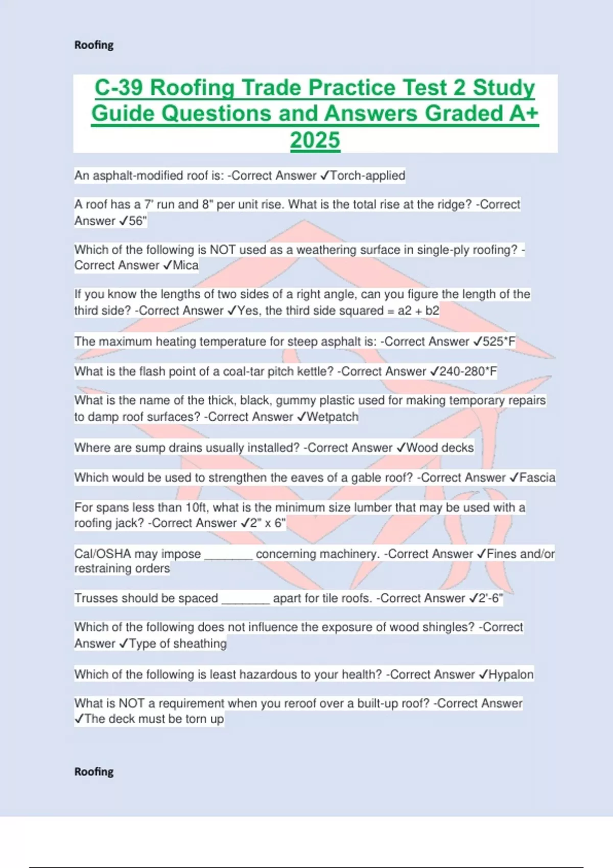 C-39 Roofing Trade Practice Test 2 Study Guide Questions and Answers ...