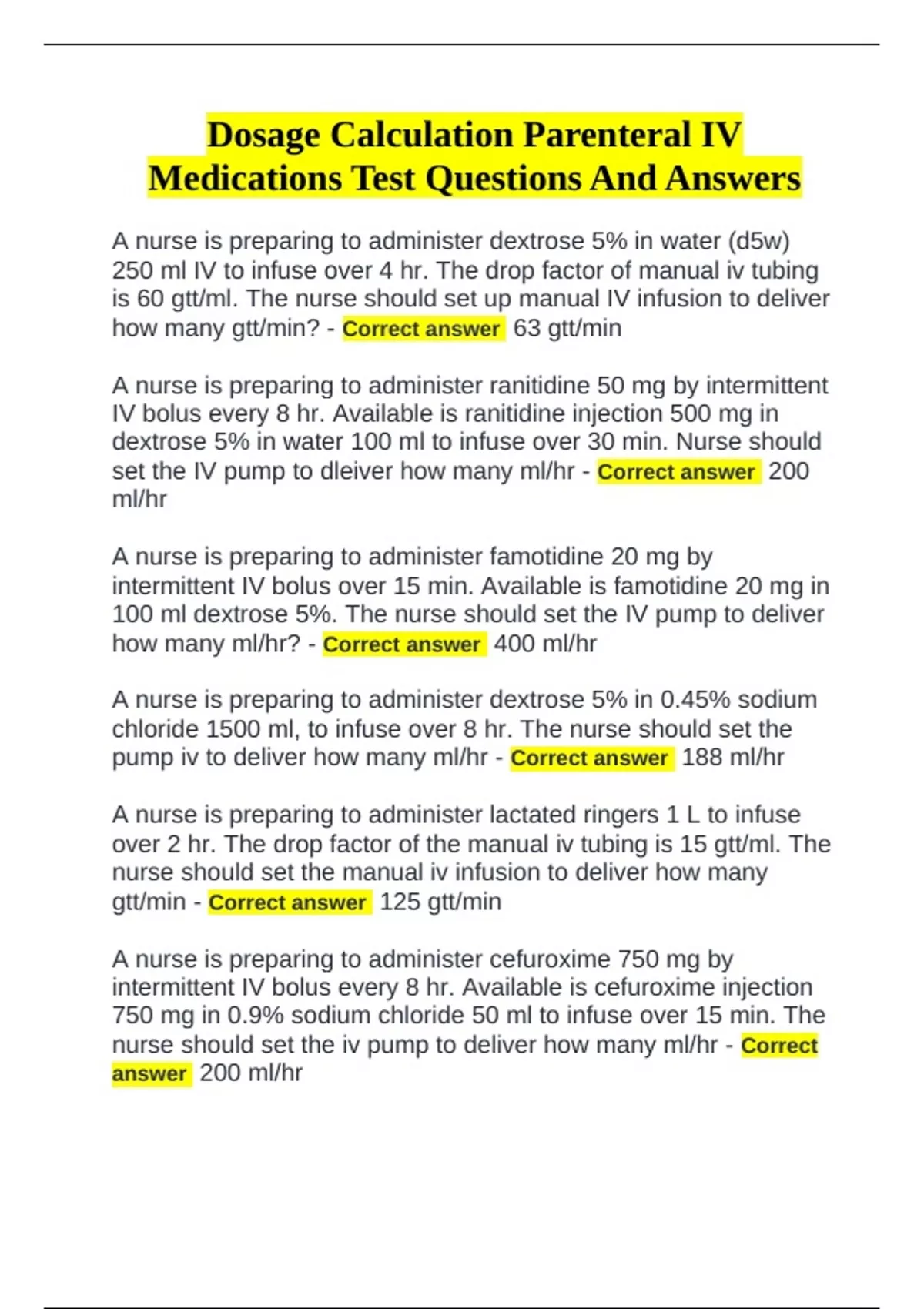 Dosage Calculation Parenteral IV Medications Test Questions And Answers ...