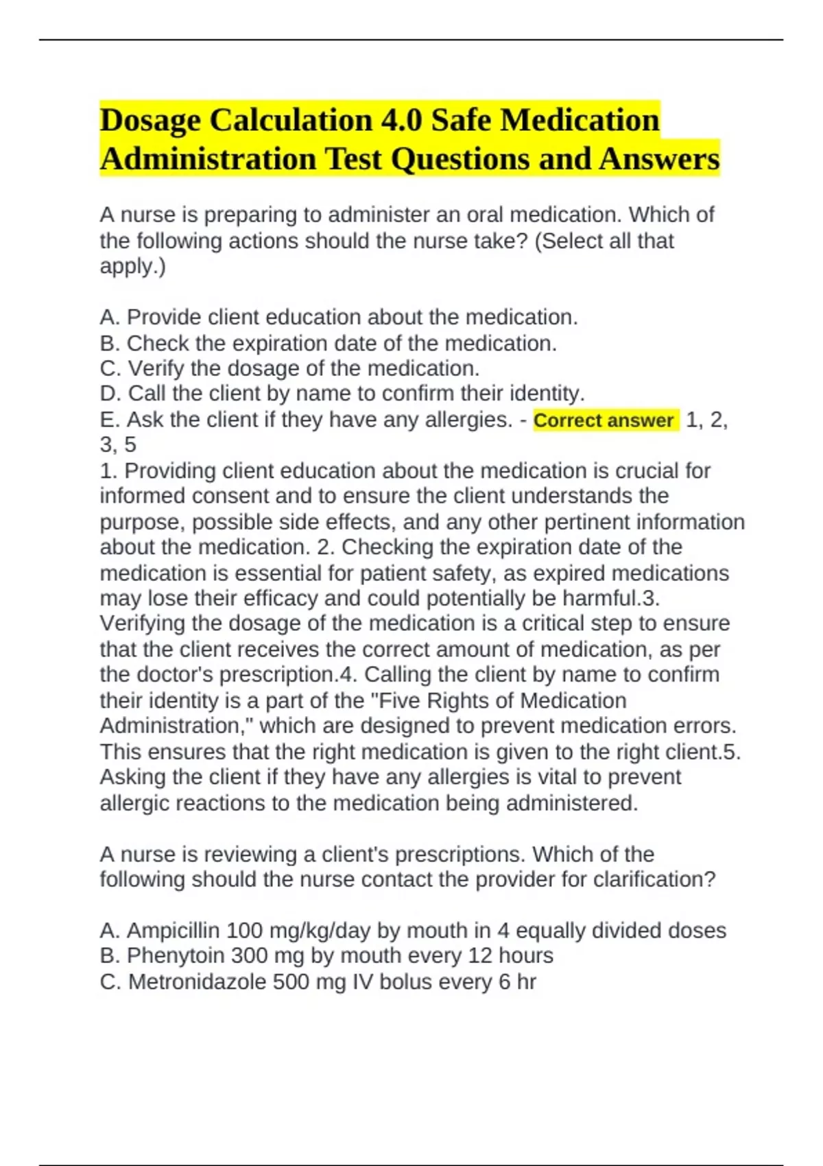 Dosage Calculation 4.0 Safe Medication Administration Test Questions ...