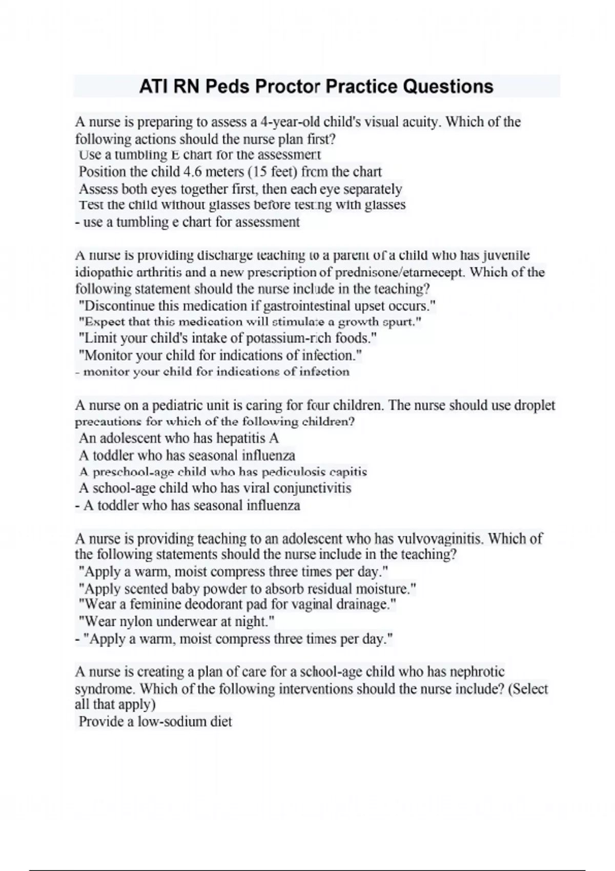 ATI RN Peds Proctor Practice Questions - NR 706 - Stuvia US