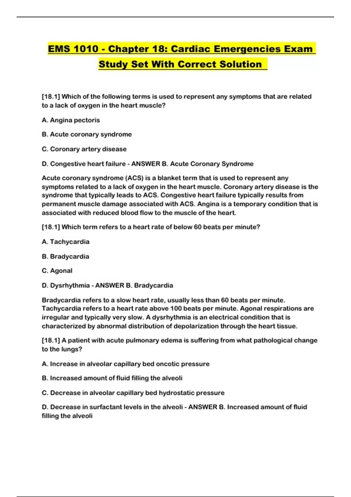 EMS 1010 - Chapter 18: Cardiac Emergencies Exam Study Set With Correct ...