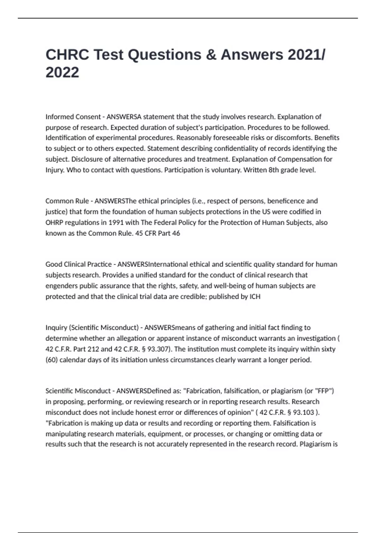 CHRC Test Questions & Answers 2021/ 2022 - CHRC - Stuvia US