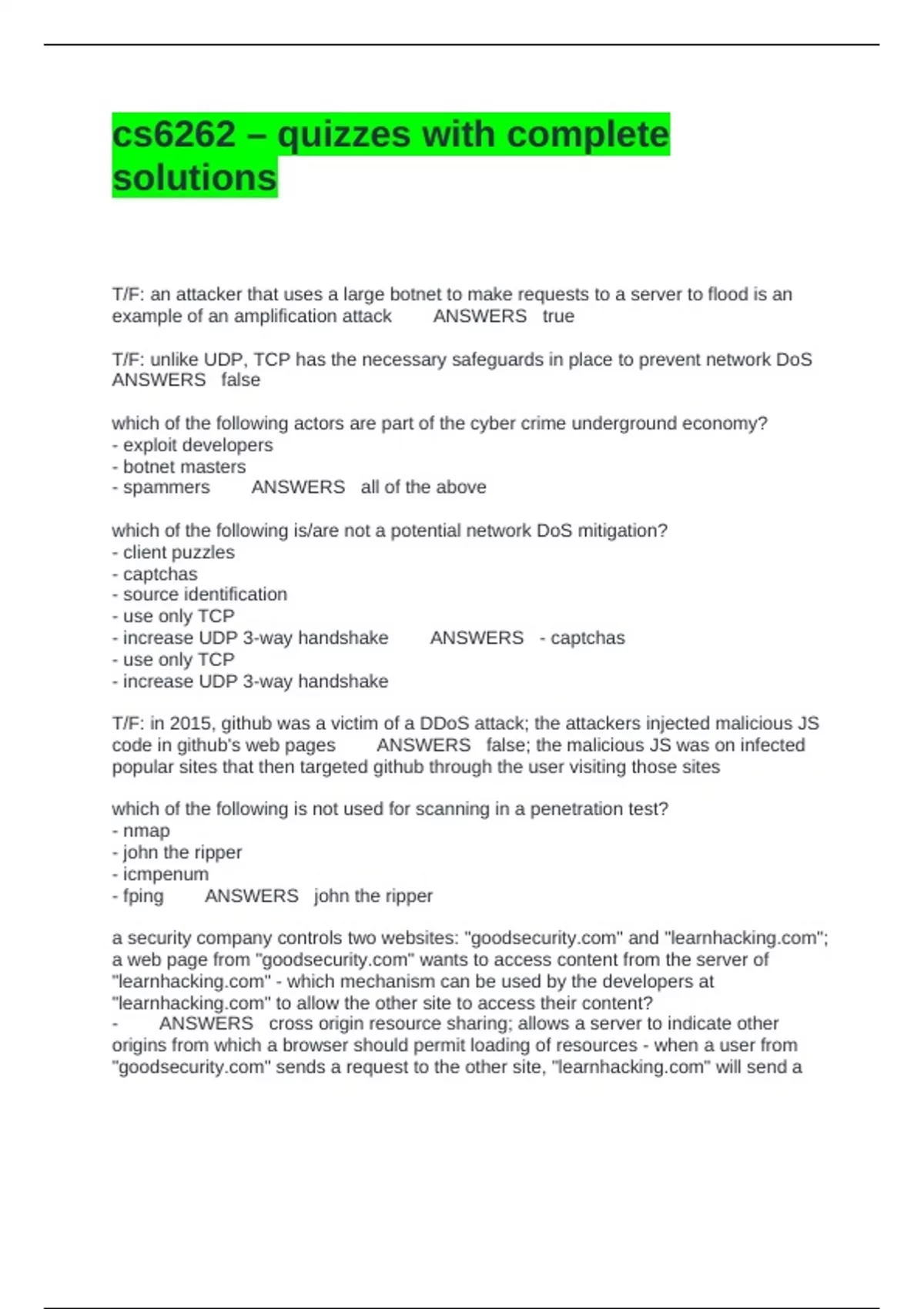 cs6262 – quizzes with complete solutions - CS6262 - Stuvia US