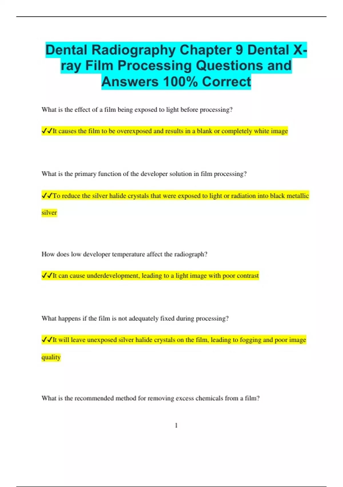 Dental Radiography Chapter 9 Dental X- ray Film Processing Questions ...